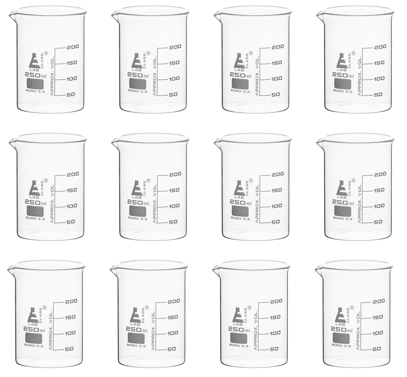 12PK Beakers, 250ml - Low Form with Spout - White, 50ml Graduations - Borosilicate 3.3 Glass ...