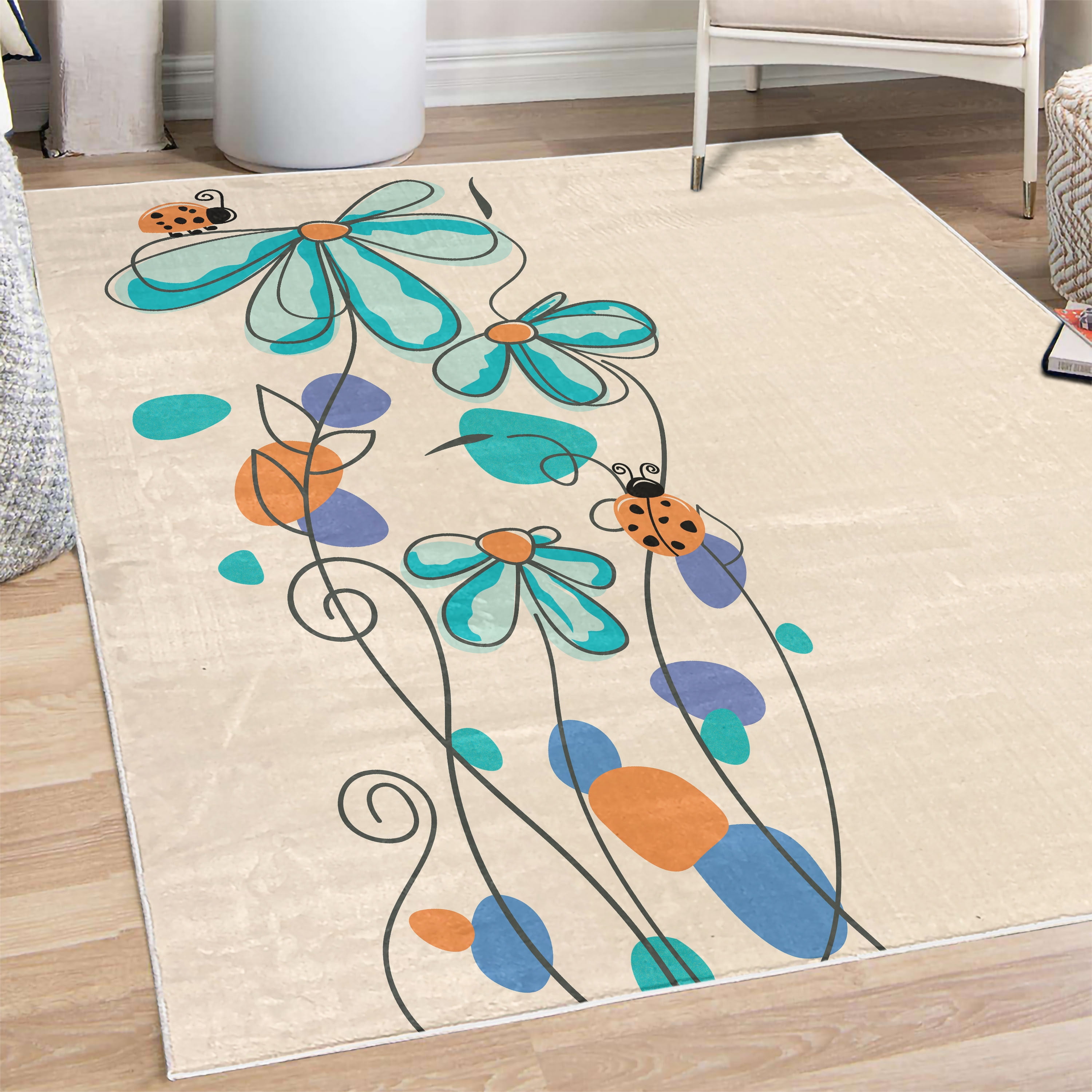 Spring Decorative Rug, Flowers Oval Dome-Shaped Ladybugs Illustration ...