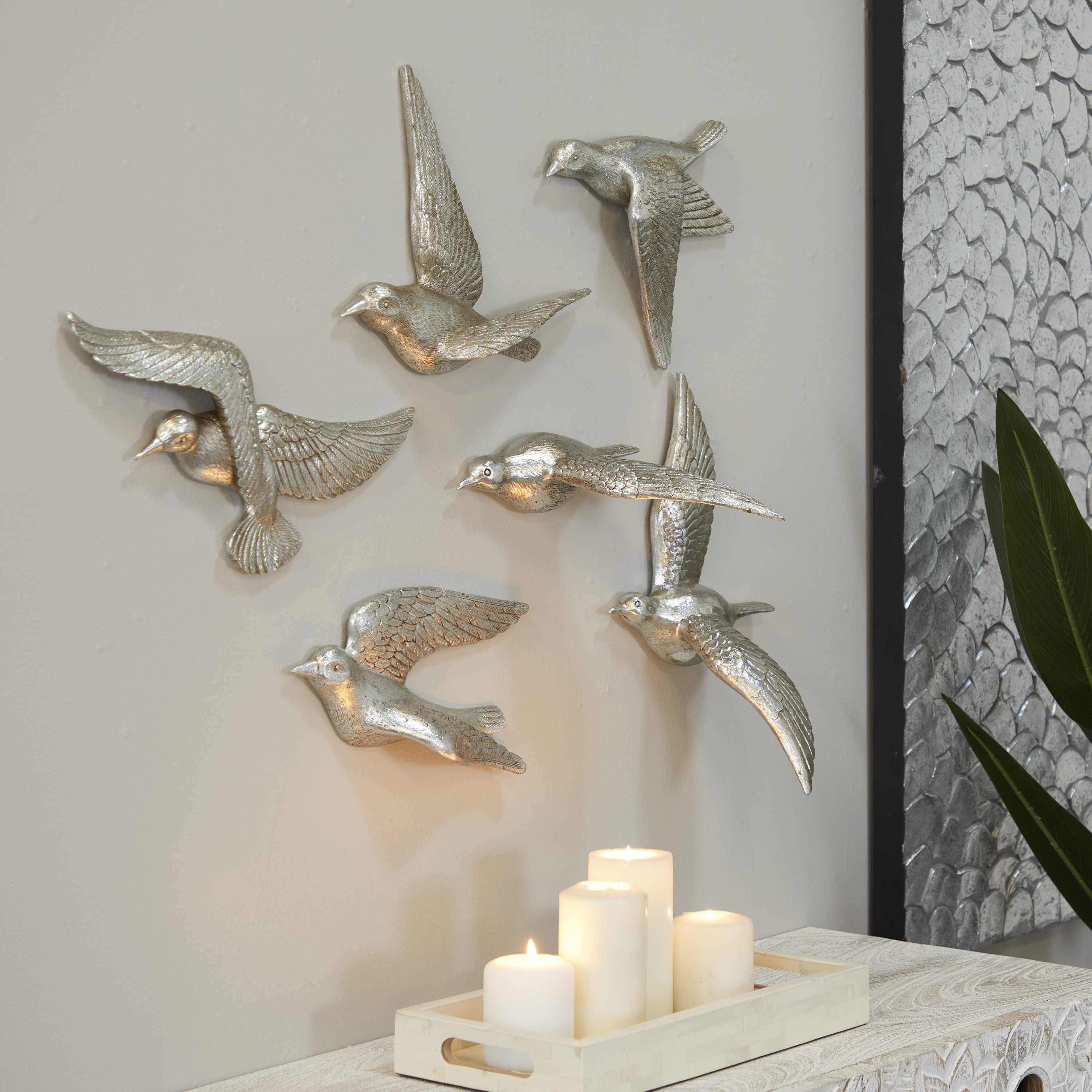 DecMode Silver Polystone Floating Bird Wall Decor (6 Count) - Walmart.com