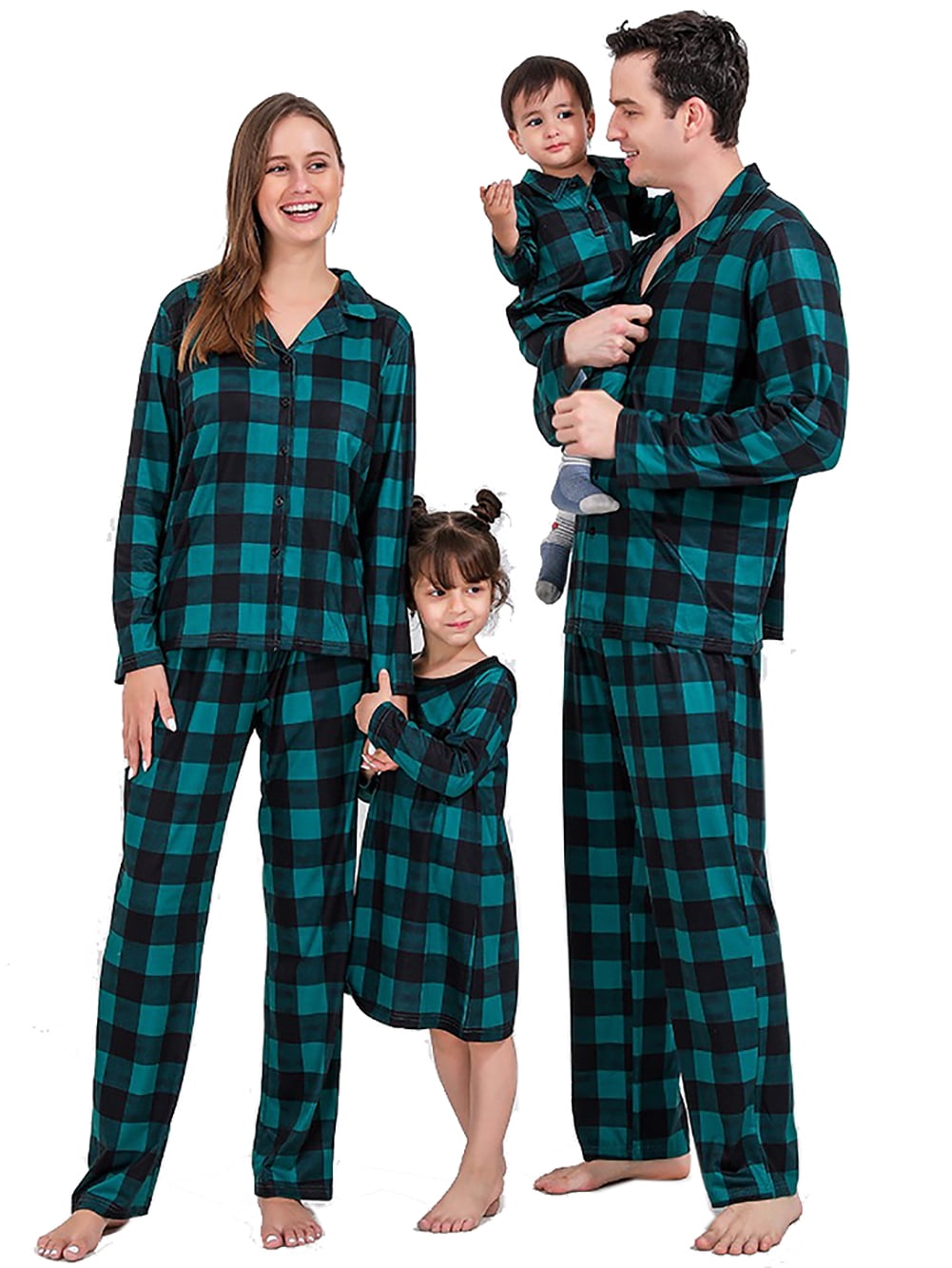 Christmas Family Matching Pajamas Long Sleeve Green Plaid Cotton Pj Set ...
