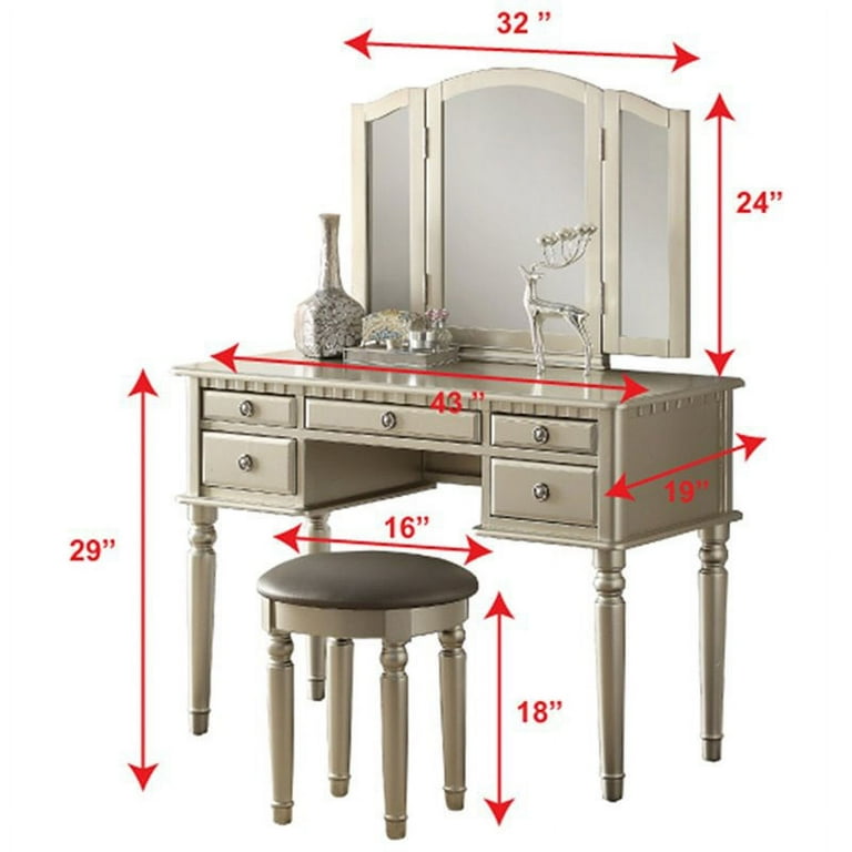Saltoro Sherpi 3 Piece Adult Elegant Functional 5 Drawers and Stool Table Set Silver