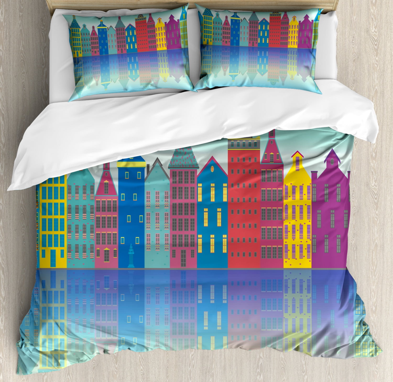 Amsterdam Duvet Cover Set King Size, Colorful Cityscape Elements ...