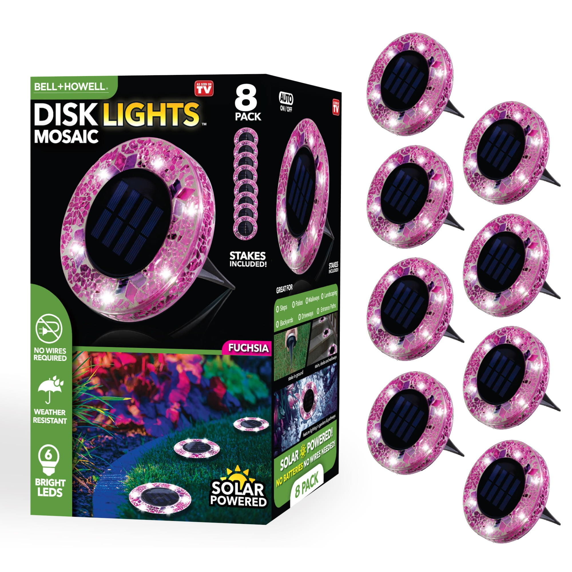 Bell+Howell Mosaic Disk Lights Solar Powered Disk Lights 8 Pack Pink ...