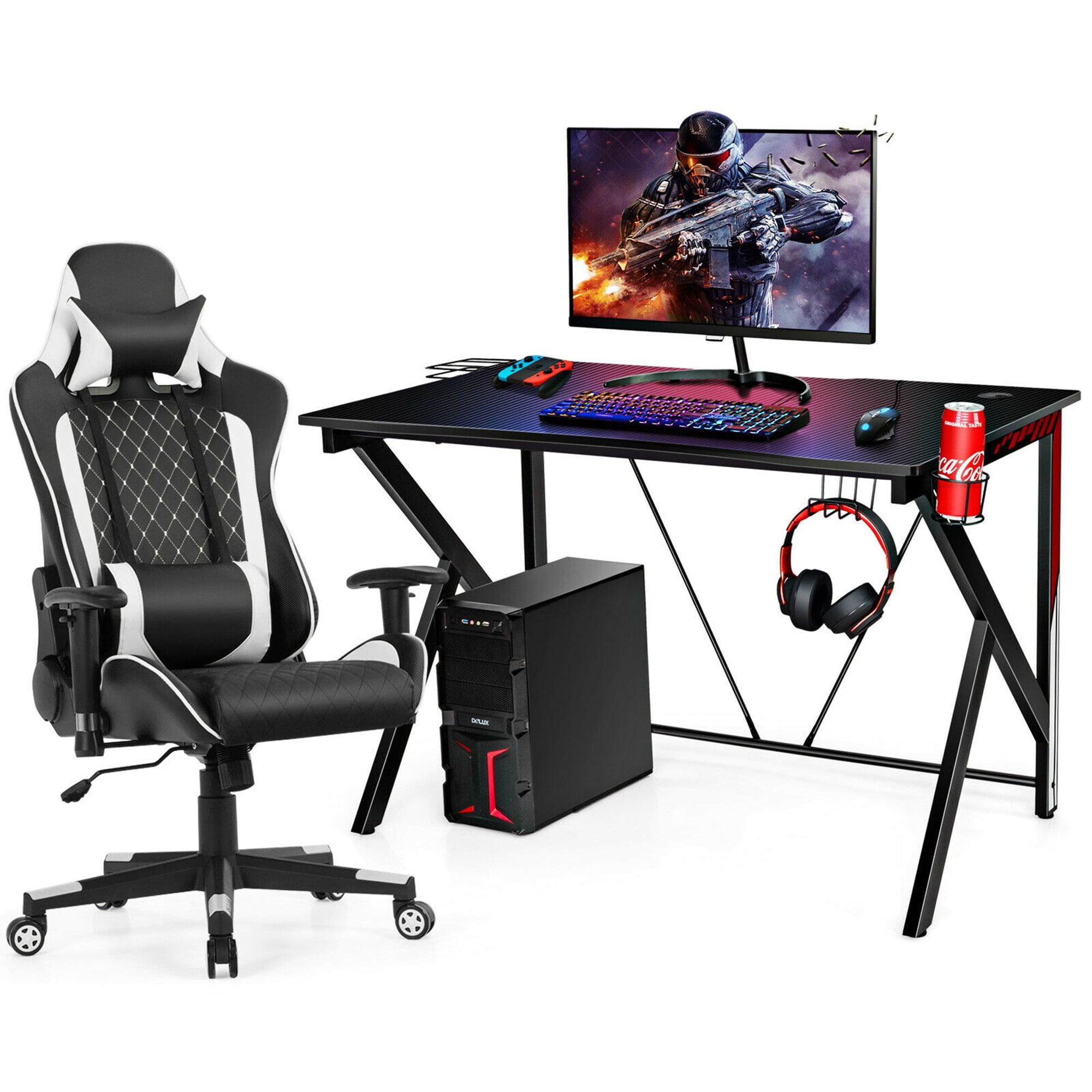 Gymax Gaming Desk&Massage Gaming Chair Set w/Headphone Hook & Game ...