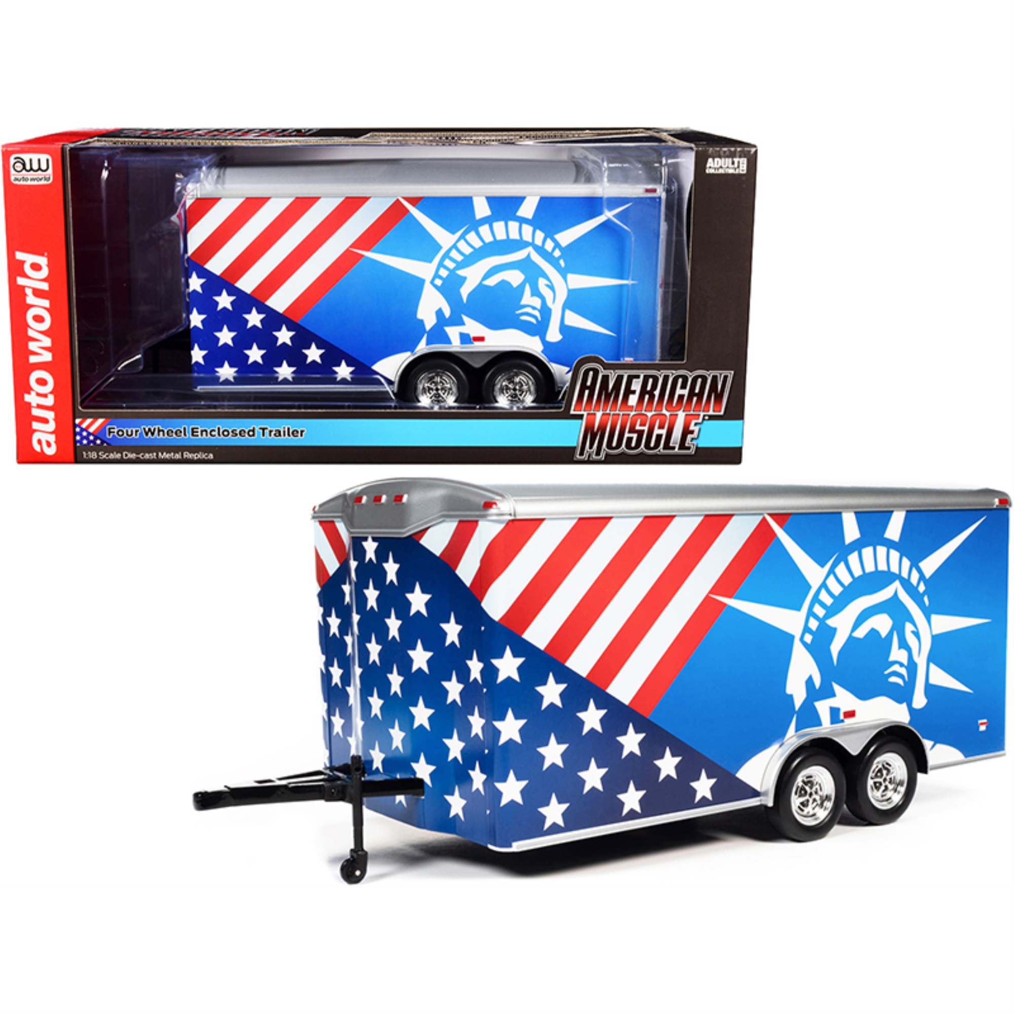 Four Wheel Enclosed Car Trailer Patriotic with Graphics for 1/18 Scale ...