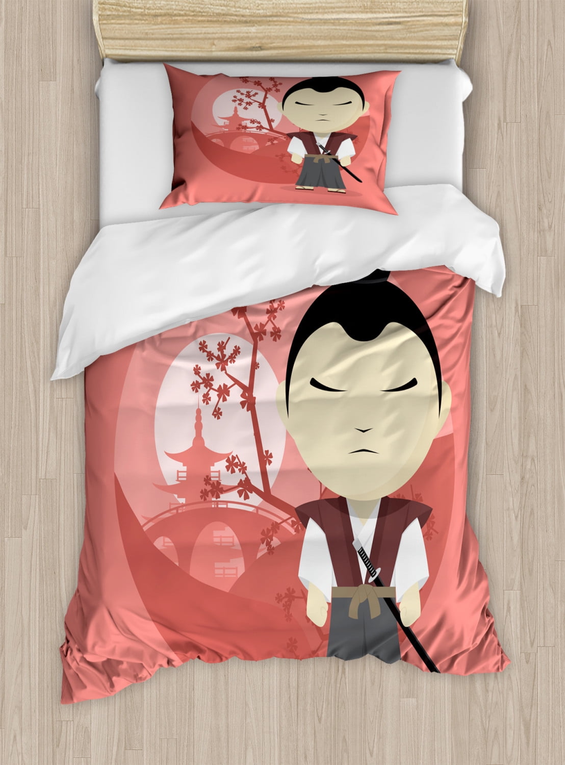 Samurai Twin Size Duvet Cover Set, Funny Cartoon Style Composition with ...