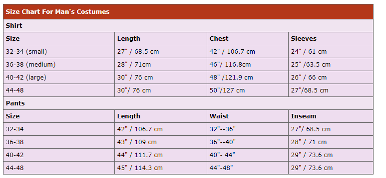 Rg Costumes Size Chart