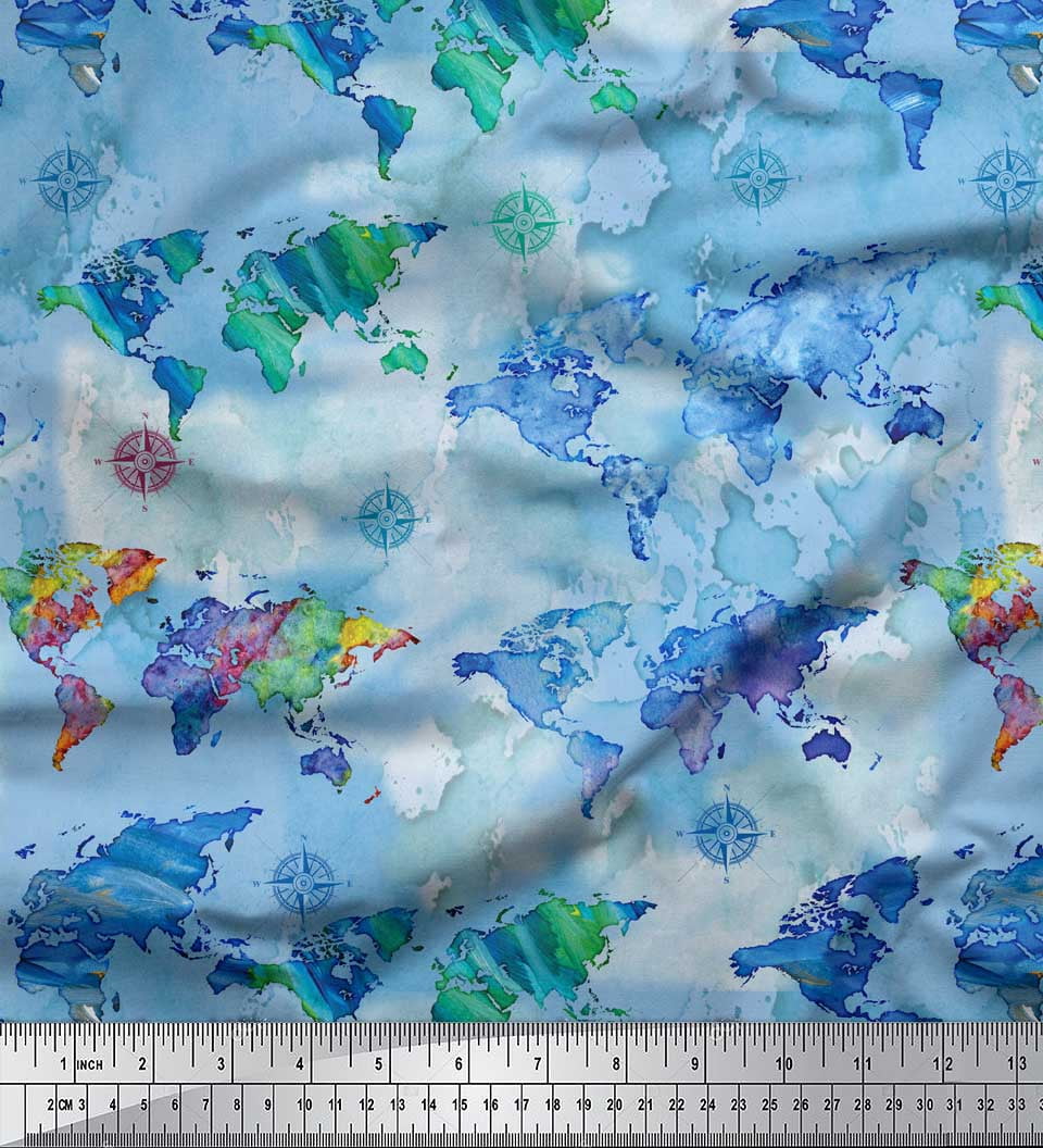 Soimoi Blue polyester Crepe Fabric Direction Compass & World Map ...