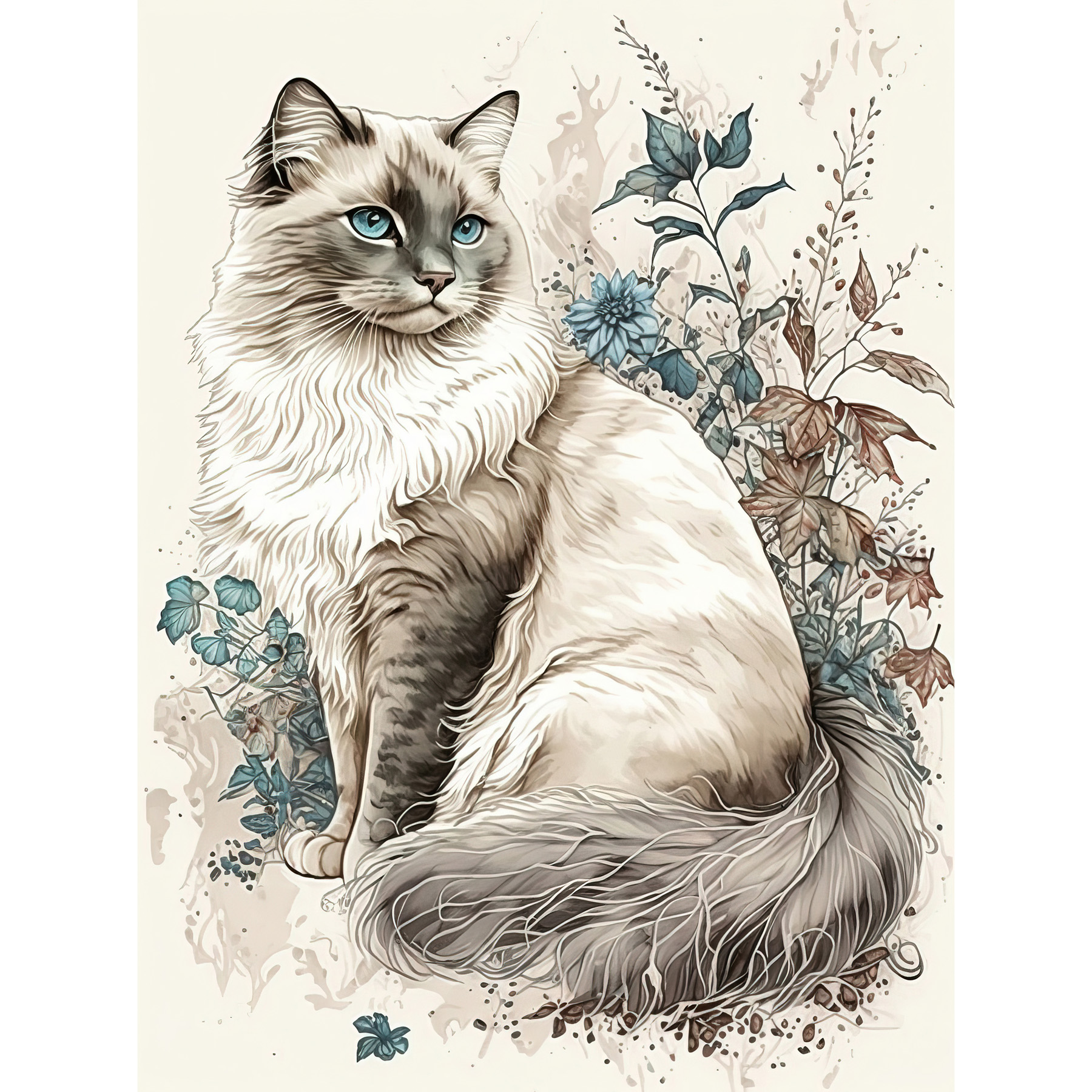 Blue Point Ragdoll Cat with Flowers Watercolour Illustration Unframed ...