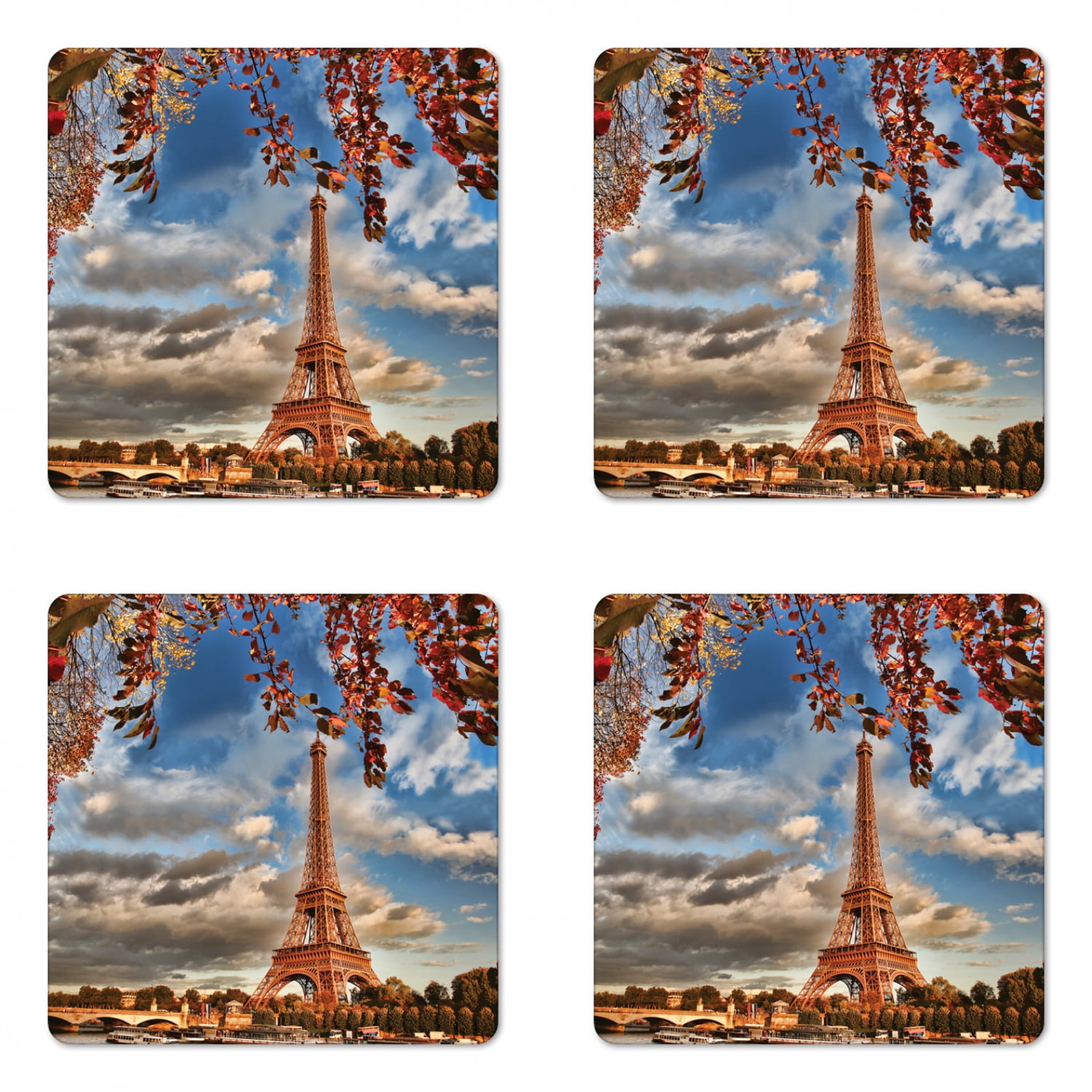 Eiffel Tower Coaster Set of 4, Eiffel Tower Boat Seine Cloudscape ...