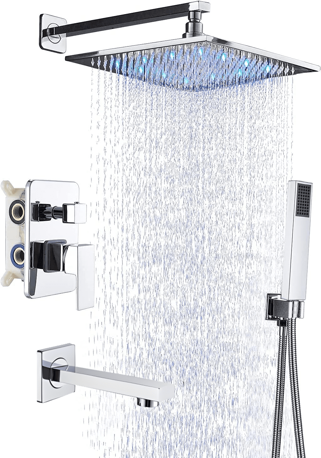Shower Faucet Set 12'' LED Rainfall Head Combo Kit Tub Filler Mixer ...