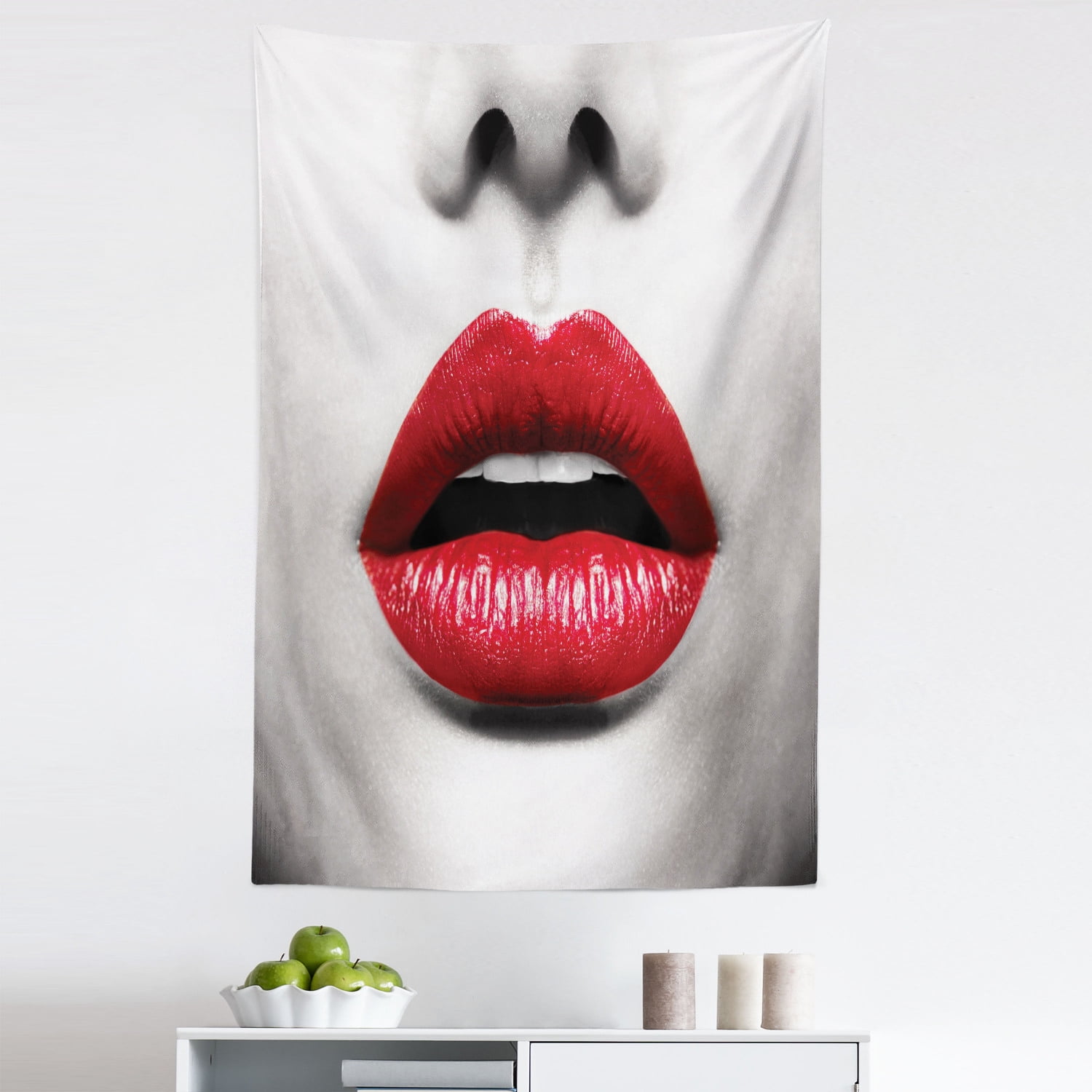 Women Tapestry, Close up Picture of Red Lipstick Model Lips Fashion Art ...