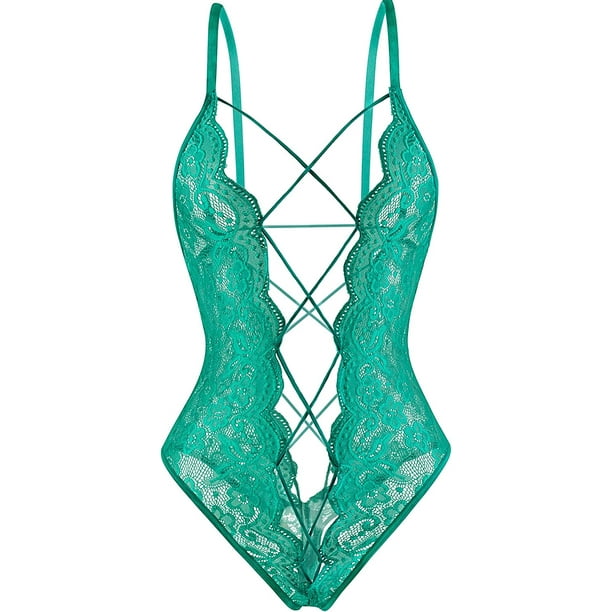 Adsexy Lingerie For Women Deep V Neck Sexy Lace Teddy Bodysuit See