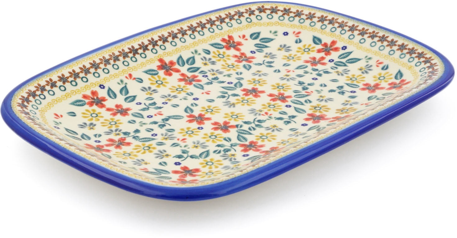 Polish Pottery 13½-inch Platter (Red Anemone Meadow Theme) Hand Painted ...