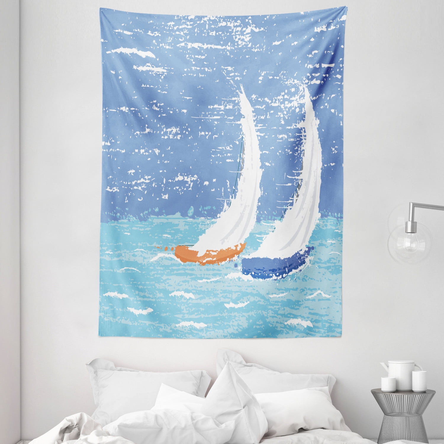 Nautical Tapestry, Grunge Style Illustration of Two Racing Sailboats in ...