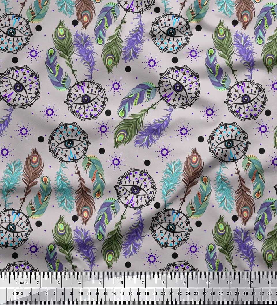 Soimoi Silk Fabric Eye,Dot & Peacock Feather Print Fabric by The Yard ...