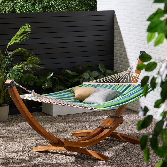 Aniston Outdoor Hammock with Base, Teak Finish, Blue and Green Stripe ...
