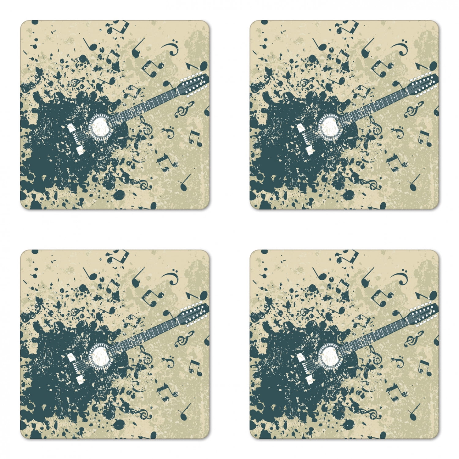 Modern Coaster Set of 4, Acoustic Guitar on Retro Murky Background ...