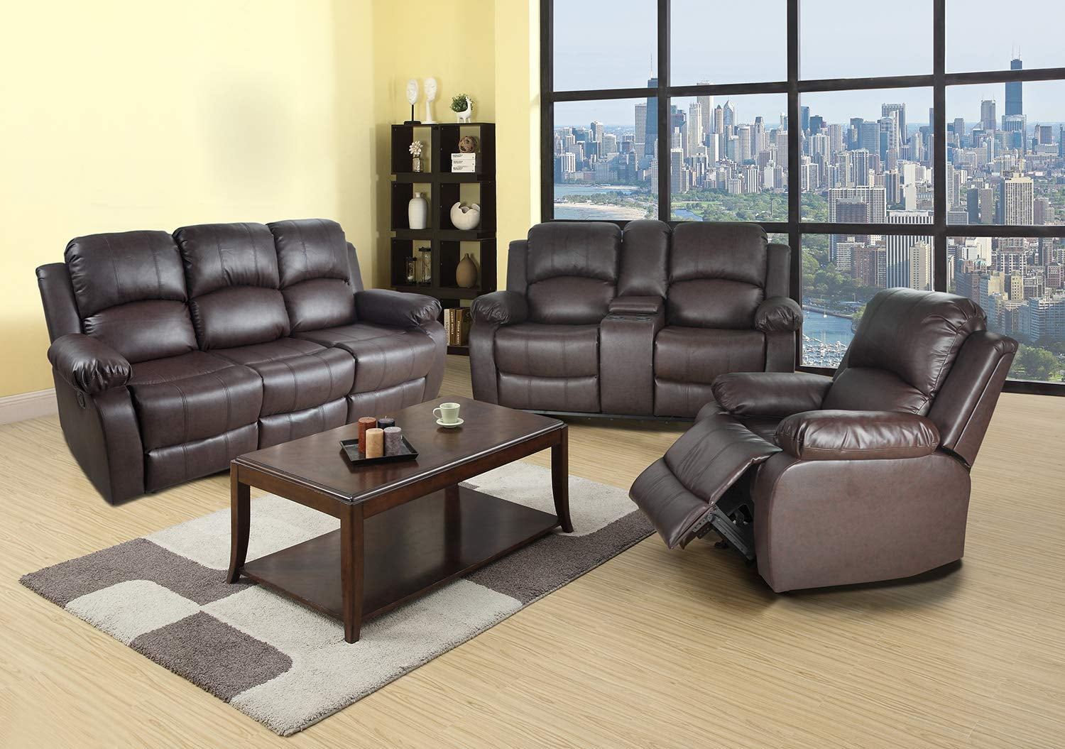 Golden Furniture 3 PCS Living Room Set, Faux Leather Recliner Sofa Set ...
