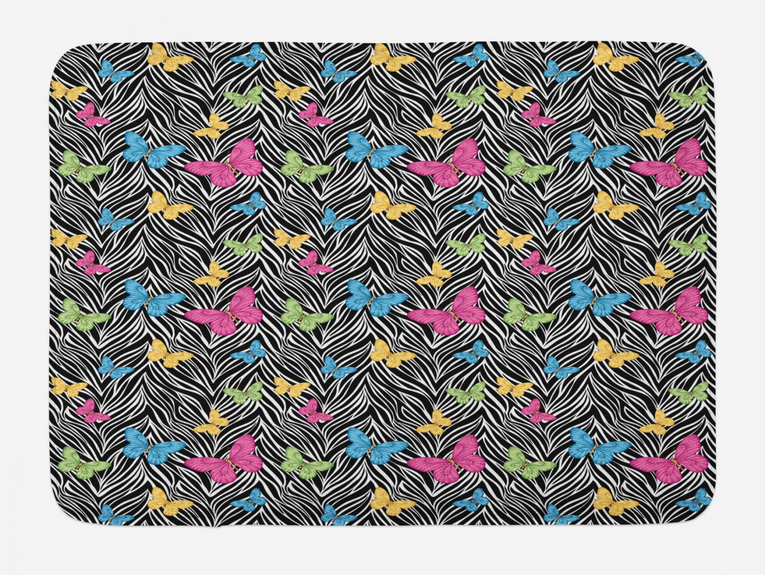 Zebra Print Bath Mat, Colorful Butterflies on Zebra Abstract Print ...