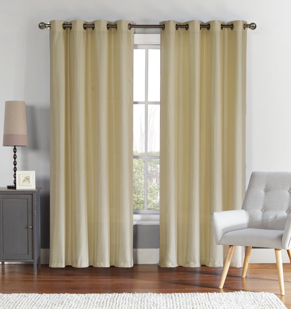 Single (1) Beige Window Curtain Panel: Faux Silk, Silver Grommets, 55 ...
