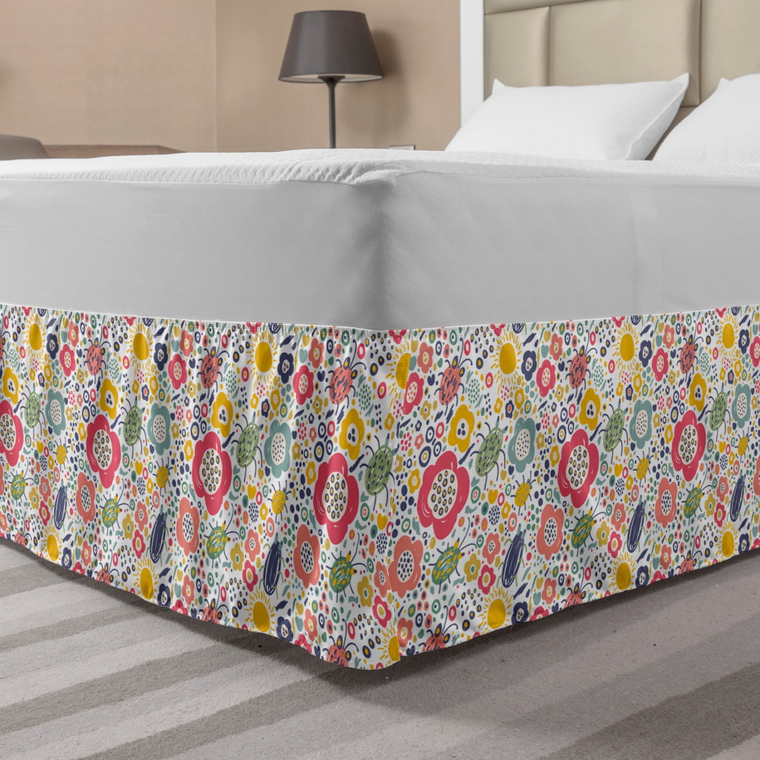 Colorful Bed Skirt, Summer Nature Pattern with Childish Doodle of Bugs ...