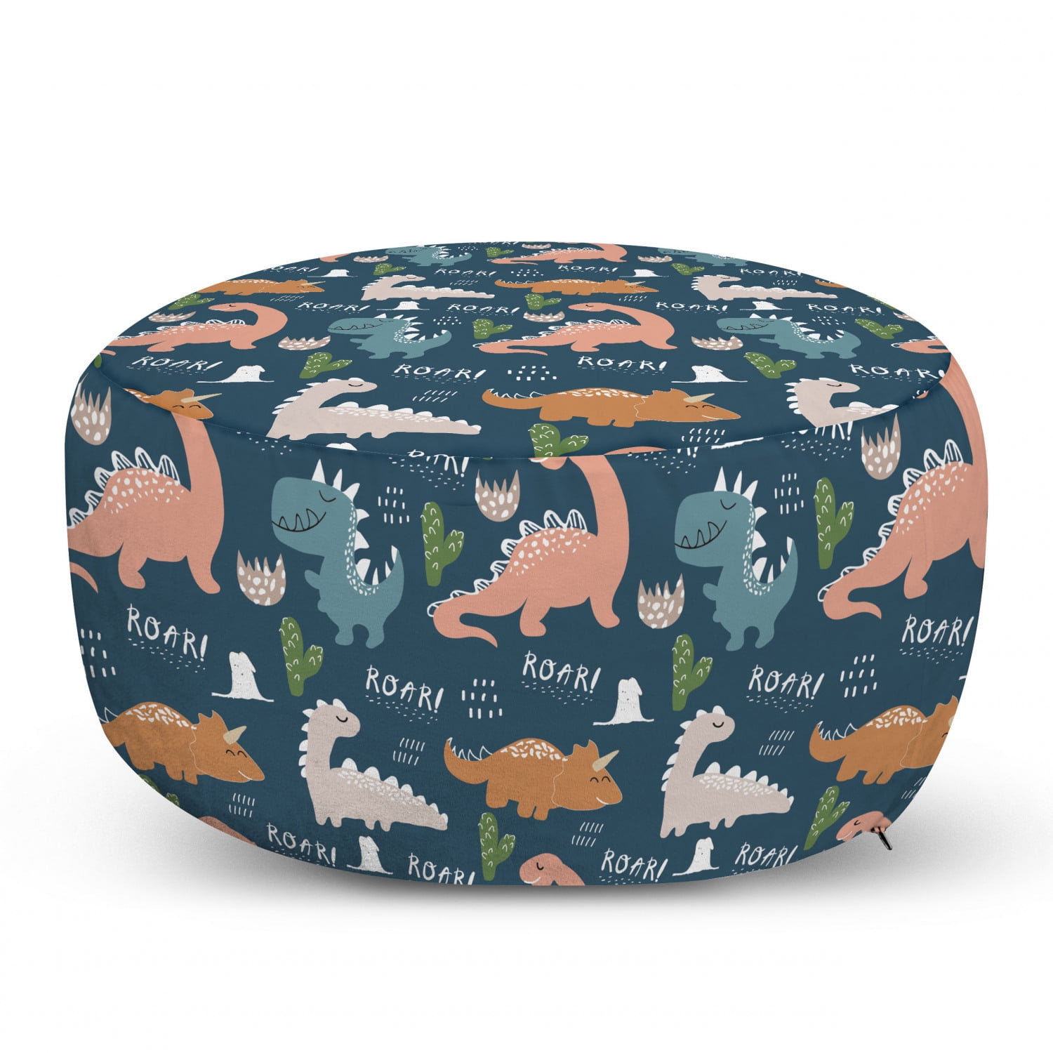 Dinosaur Pouf Cover with Zipper, Repeating Roar Funny Archaic Creatures ...