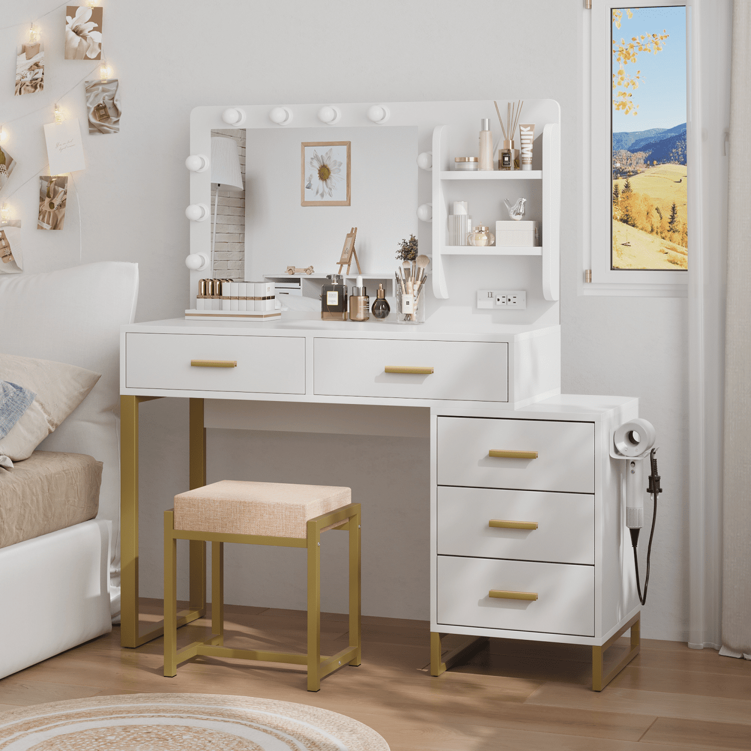 Algherohein Vanity Set with Mirror and Charging Station,Modern Makeup ...