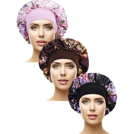 3 Piece Satin Sleep Cap Ela tic Wide Band Hat Night Sleeping Head Cover ...