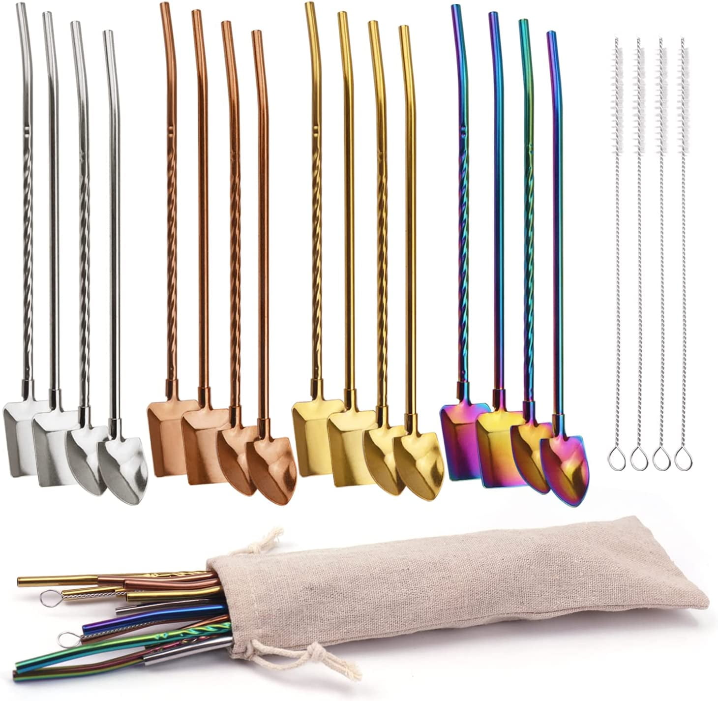 16 Pcs Metal Shovel Spoon Straws Spoons with 4 Cleaning Brushes ...