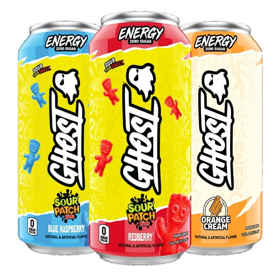 GHOST Zero Sugar Energy Drink, SOUR PATCH KIDS Blue Raspberry, 200mg ...