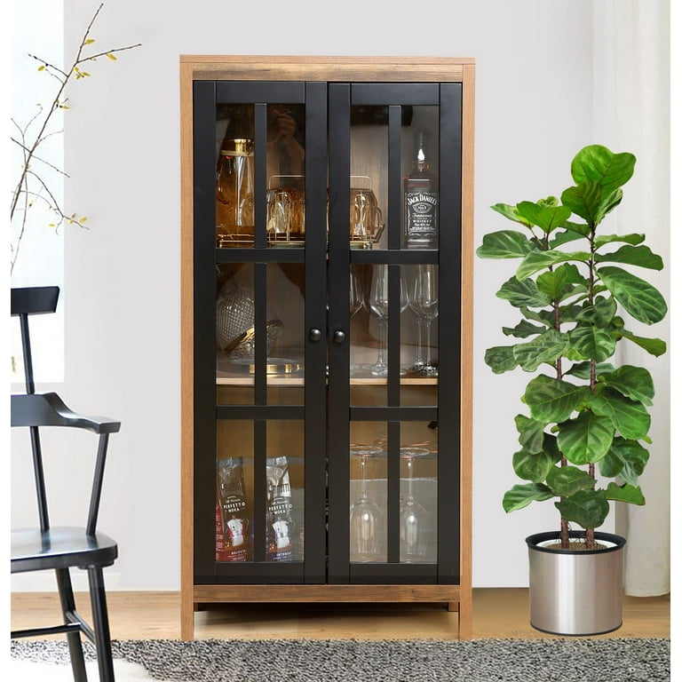 LuxenHome Natural Wood Glass 2 Door 47.25 H Accent Curio Cabinet