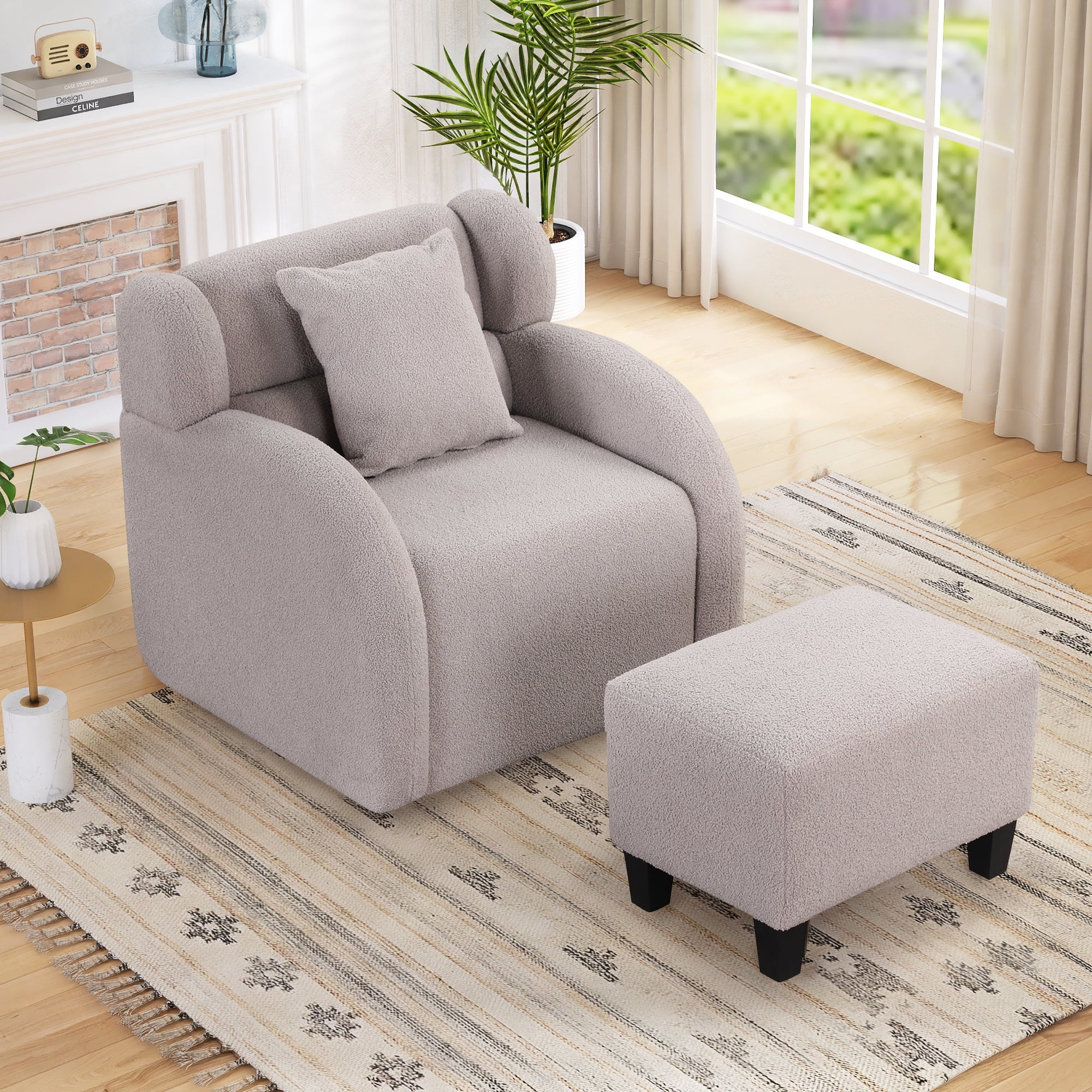EUROCO 33.5"W Swivel Accent Chair with Ottoman, Teddy Short Plush ...