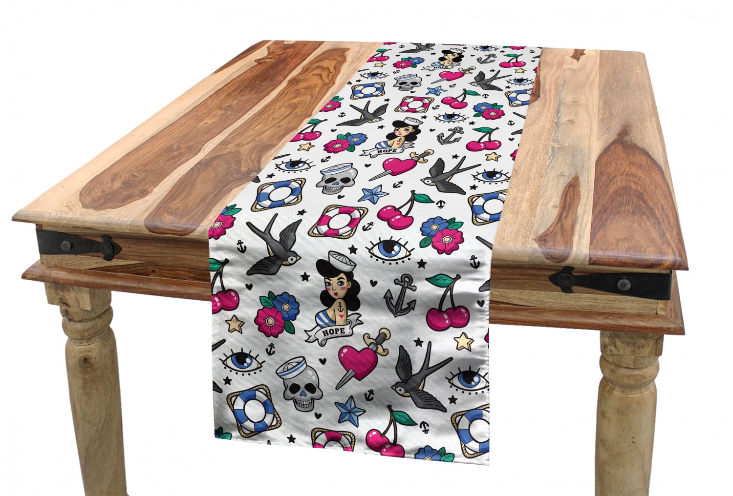 Colorful Table Runner, Cartoon Illustrated Skulls Hearts Flowers ...