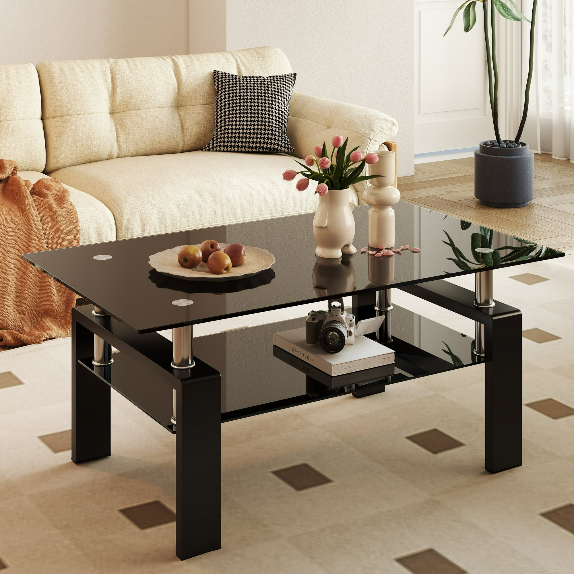 Qjtc Rectangle Glass Coffee Table With Storage Shelf  Black Coffee Table With Black Metal Legs For Living Room 38.98 X 23.23