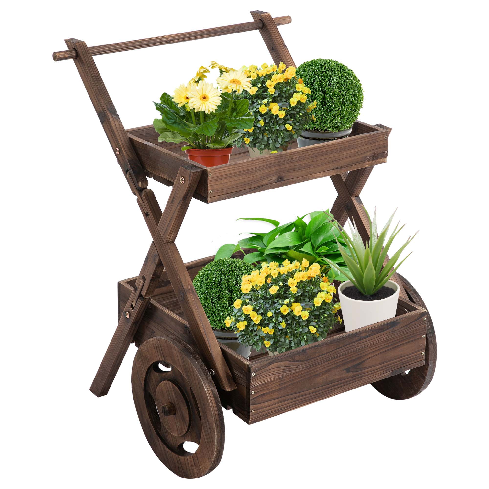 Outsunny Outdoor Plant Stand on Wheels with 2 Shelves, Wooden Flower ...