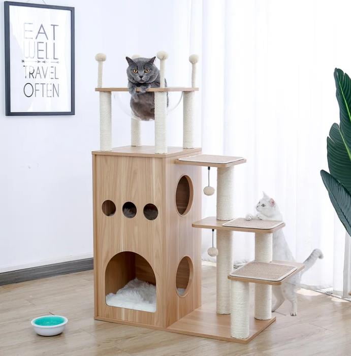 52" inch Multi-Level Beige Cat Tree or Condo with Space Capsule Nest ...