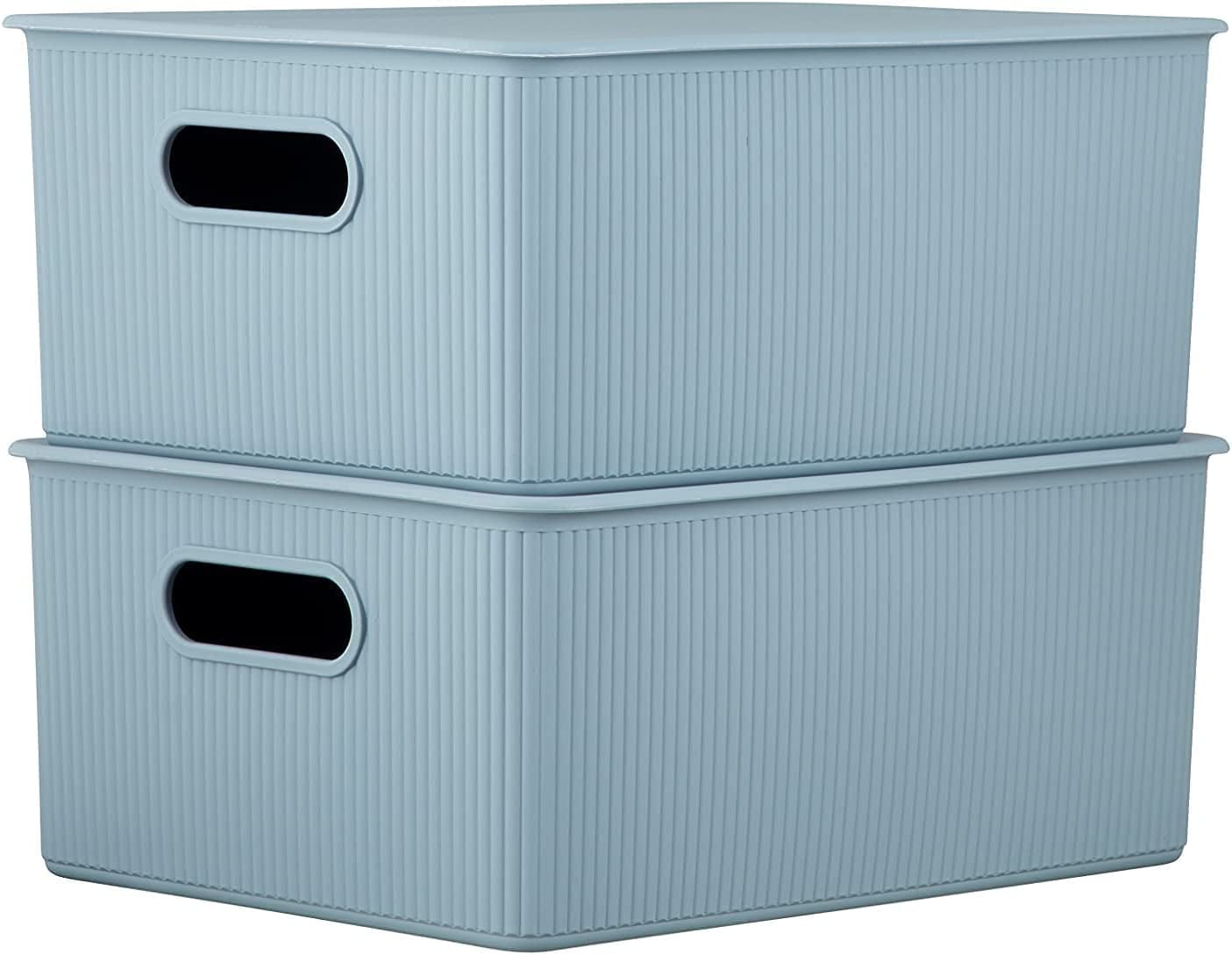 Superio 15L Medium Stone Blue Ribbed Storage Bin with Lid, Plastic (2 ...