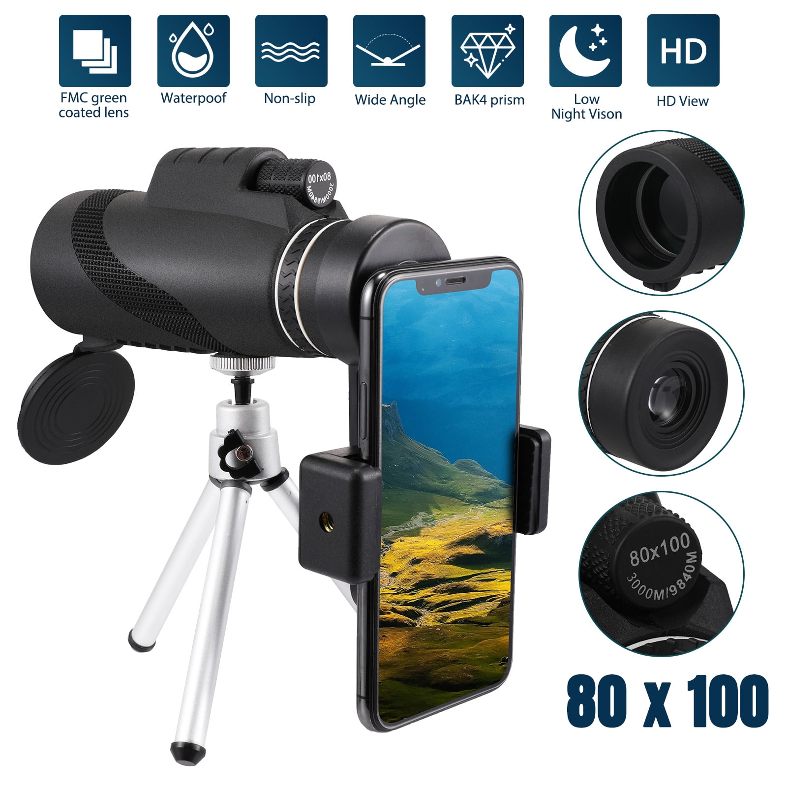 KKSQ Monocular 80x100 Telescope with Phone Holder+Tripod Stand,FMC ...