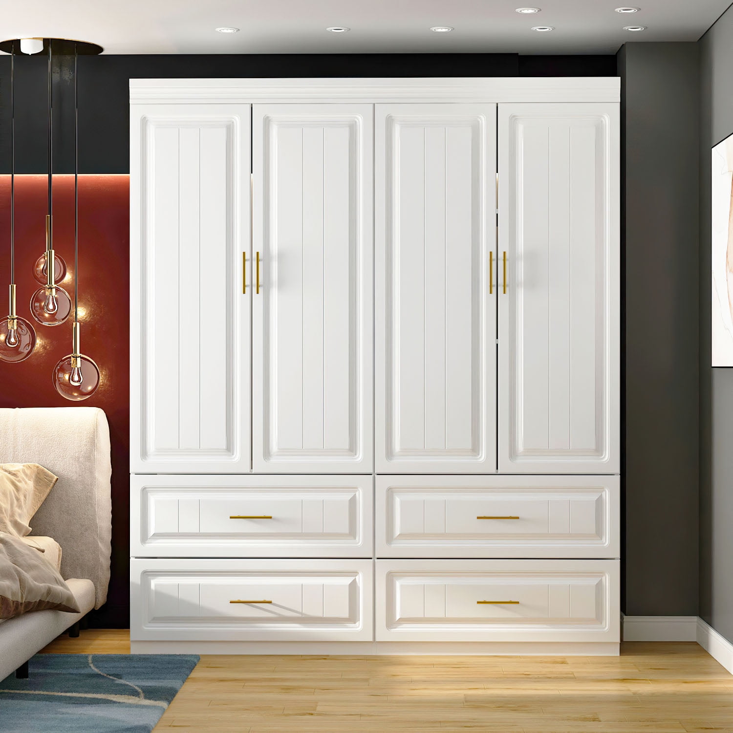 4-Door White Armoire, 63 Wide Wardrobe Storage Cabinet with Shelves and ...