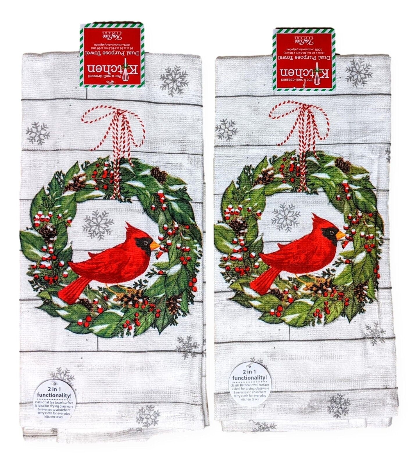Set of 2 Winterberry CARDINAL WREATH Terry Kitchen Towels by Kay Dee ...