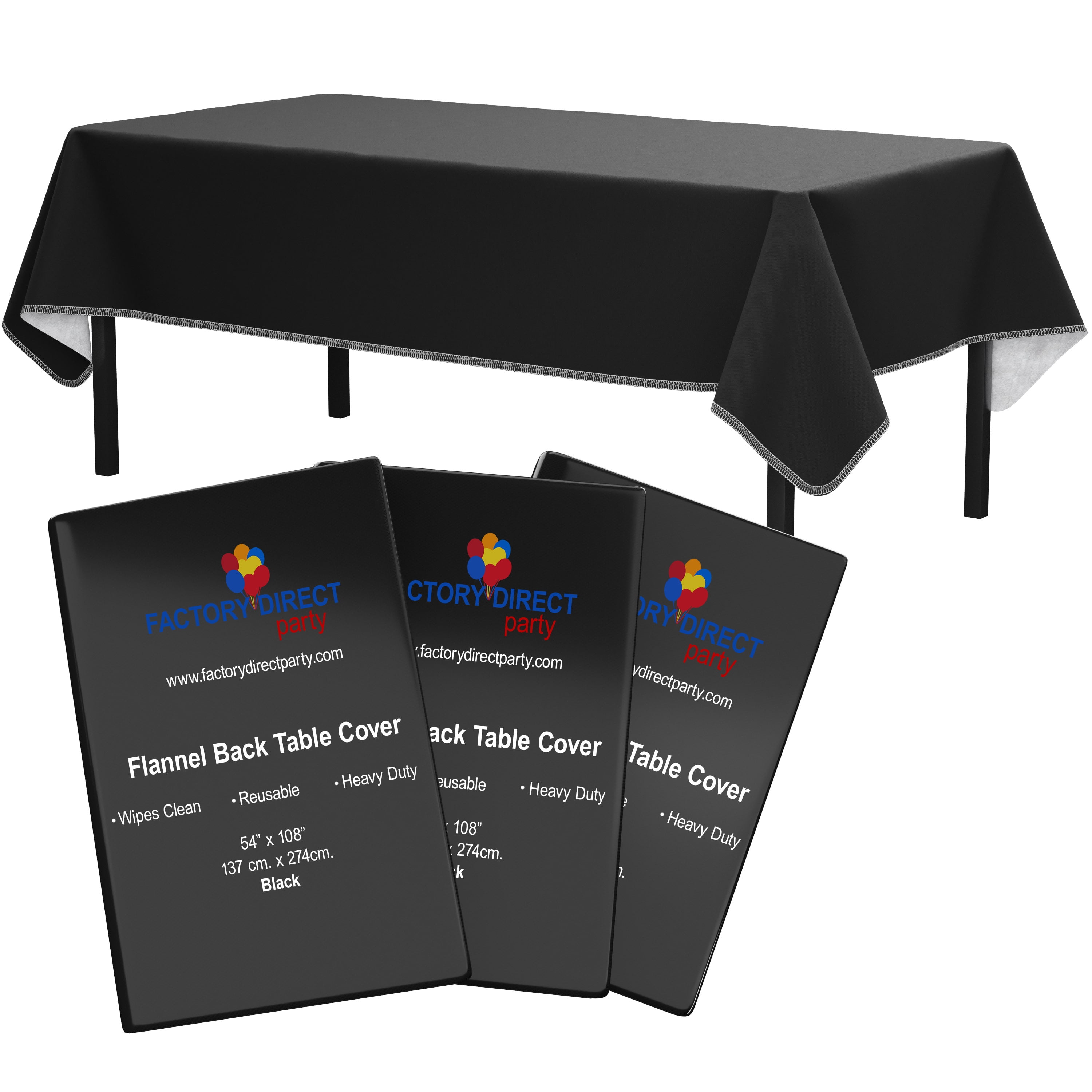 Exquisite 3 Pack 54" x 108" Black Rectangular Flannel Backed Table ...