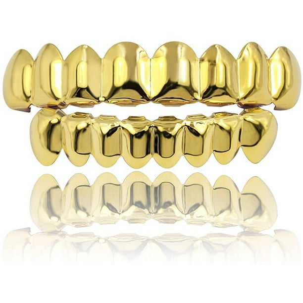18K Gold Plated Gold Finish 8 Top Teeth 8 Bottom Tooth Hip Hop Mouth ...