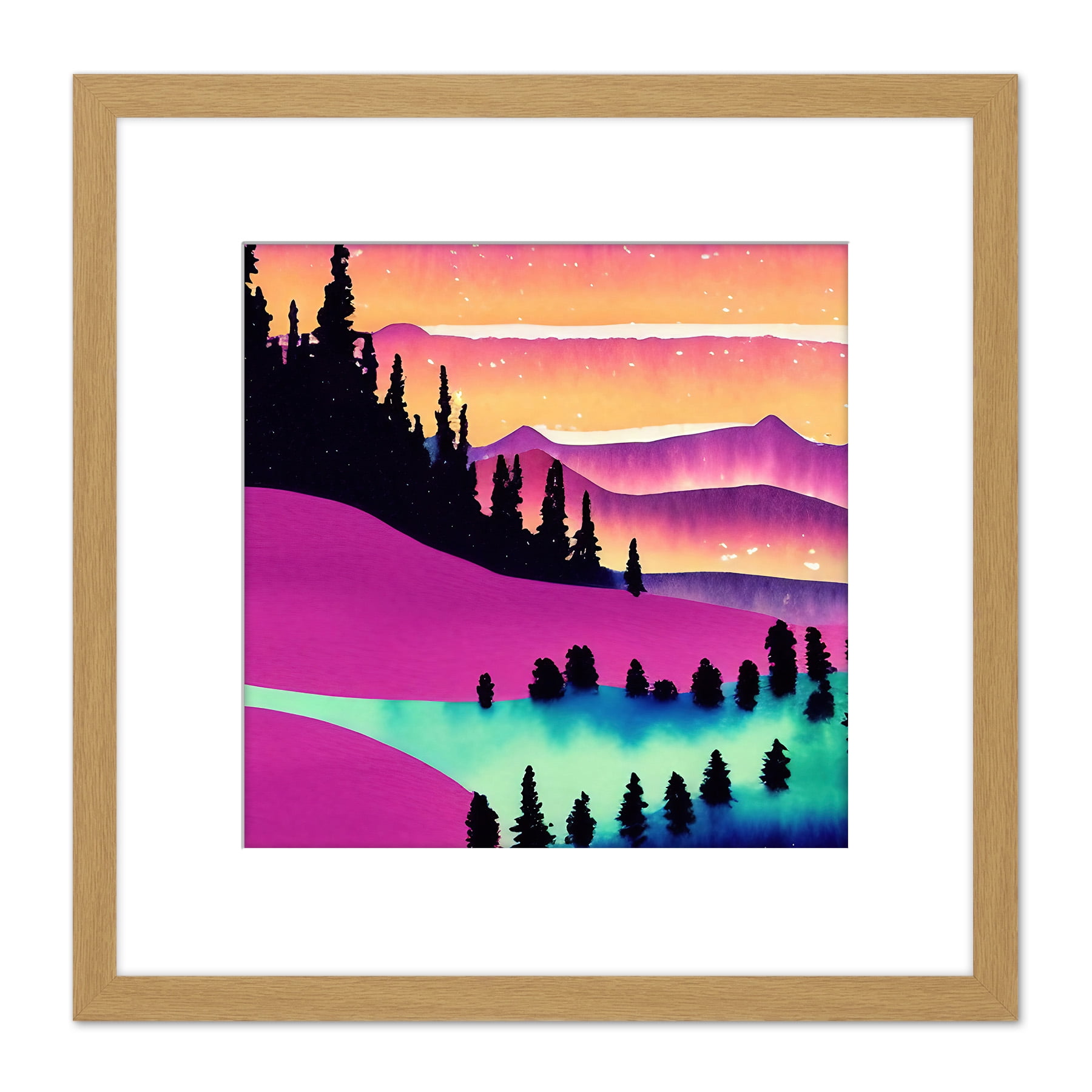 Majestic Magenta Mountains Sunset Forest Winter Lake Watercolour Square ...