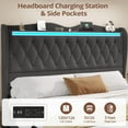 King Bed Frame with LED, USB Port, Storage, Dark Grey Velvet Upholstery ...