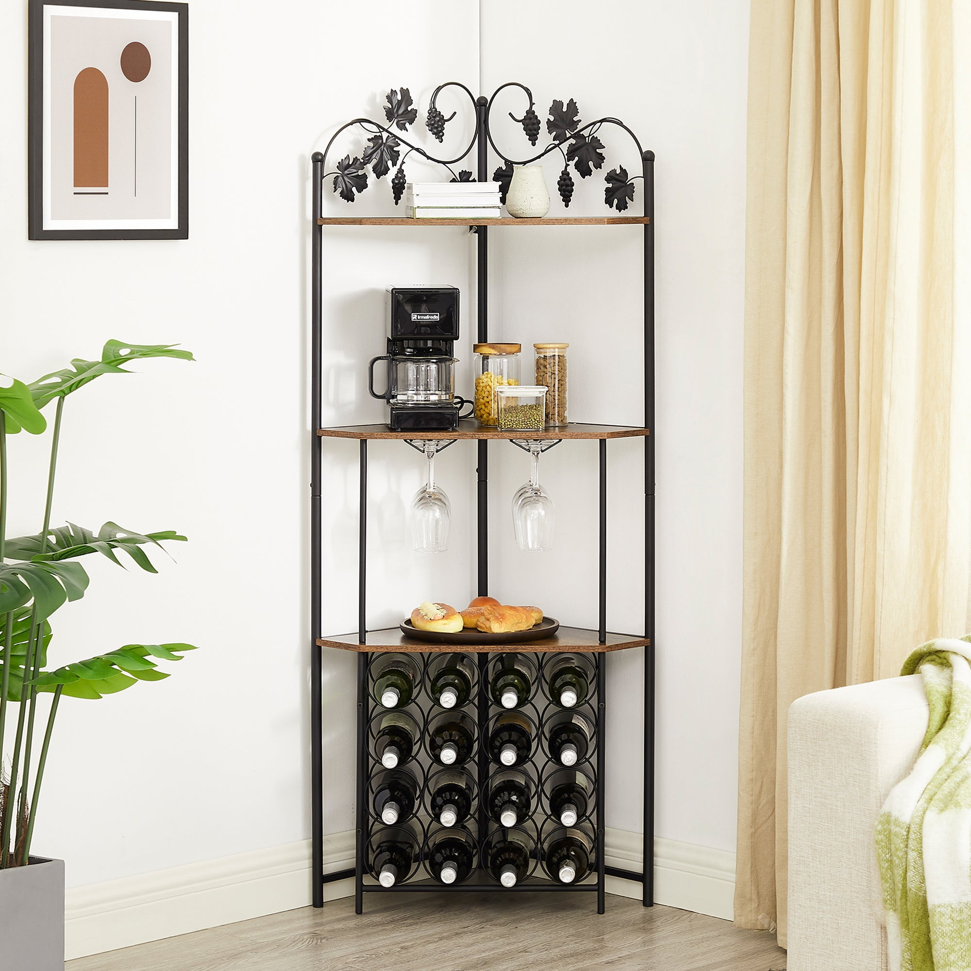 VECELO Corner Wine Rack Freestanding Floor 16 Bottles Wine Rack with 6 ...