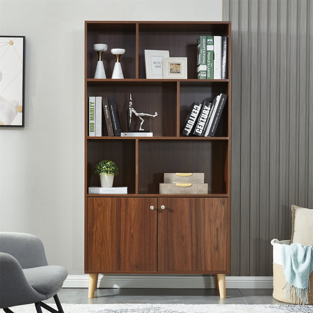 3-Tier Bookshelf with 2 Doors, 67.32 Inch Tall Bookcase, Wood Bookcase ...