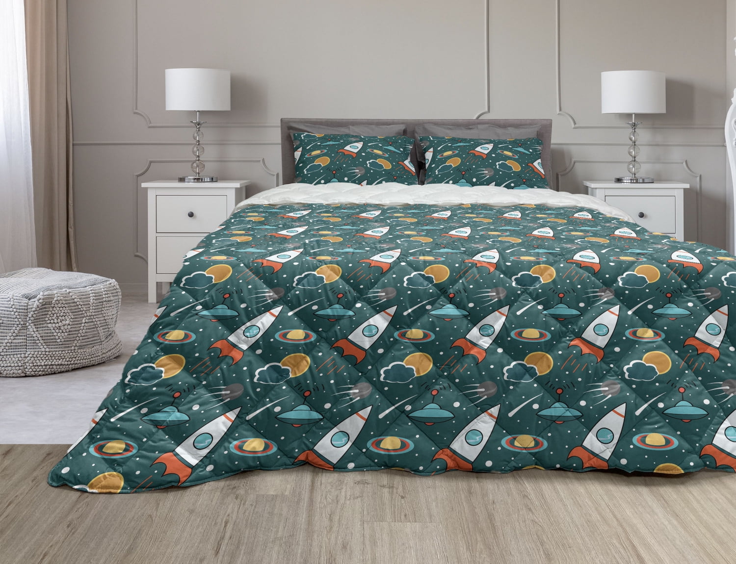 Spaceship Comforter & Sham Bedding Set, Outer Space Cartoon with Dotted ...
