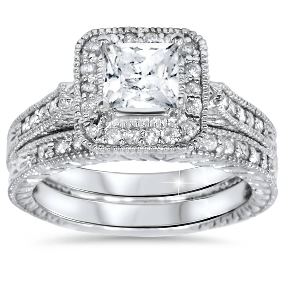 1 1/2ct Vintage Halo Princess Cut Diamond Engagement Ring Set 14k Gold ... 1 1/2ct Vintage Halo Princess Cut Diamond Engagement Ring Set 14k Gold ...