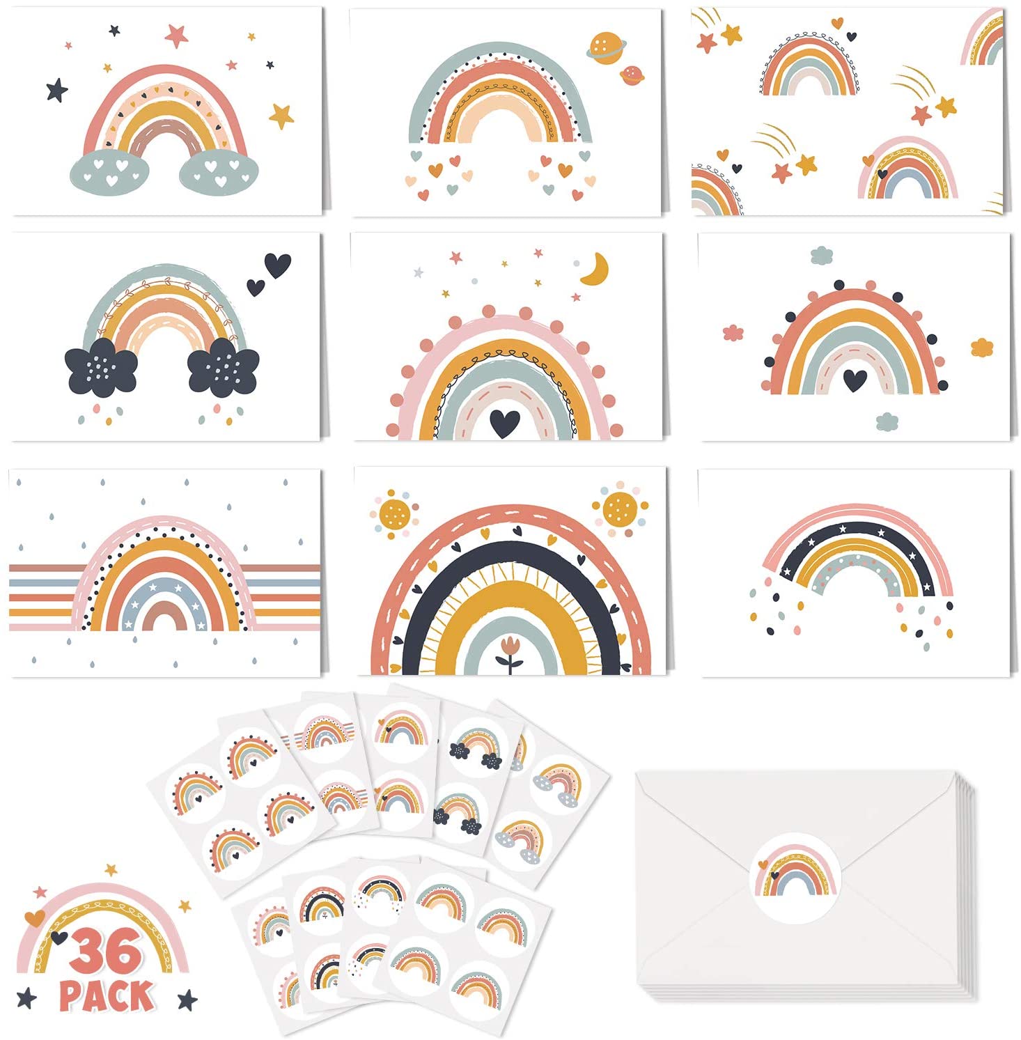 36Pack Boho Rainbow Greeting Cards with Envelopes Stickers (9 designs ...